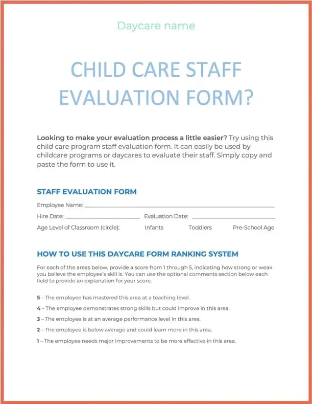 Staff Evaluation Form and Guide for Child Care Programs - Smartcare